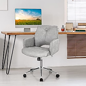 COSTWAY Ergonomic Home Office Chair, Height-Adjustable Faux Leather Computer Desk Chair w/Rolling Casters & Armrests, Upholstered Mid-Back Swivel Accent Chair for Home, Office, Study, Grey