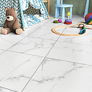 Skyblur 32 PCS Peel and Stick Floor Tile for Kitchen Sticky Vinyl Flooring Tile White Marble Floor Tiles Peel and Stick Waterproof Removable Laminate Flooring for Bedroom RV Garage Floor 12"X12"