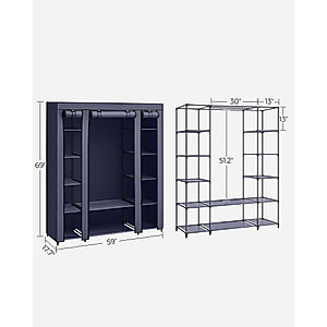 SONGMICS Closet Wardrobe, Portable Closet for Bedroom, Clothes Rail with Non-Woven Fabric Cover, Clothes Storage Organizer, 59 x 17.7 x 69 Inches, 12 Compartments, Dark Blue ULSF003I02