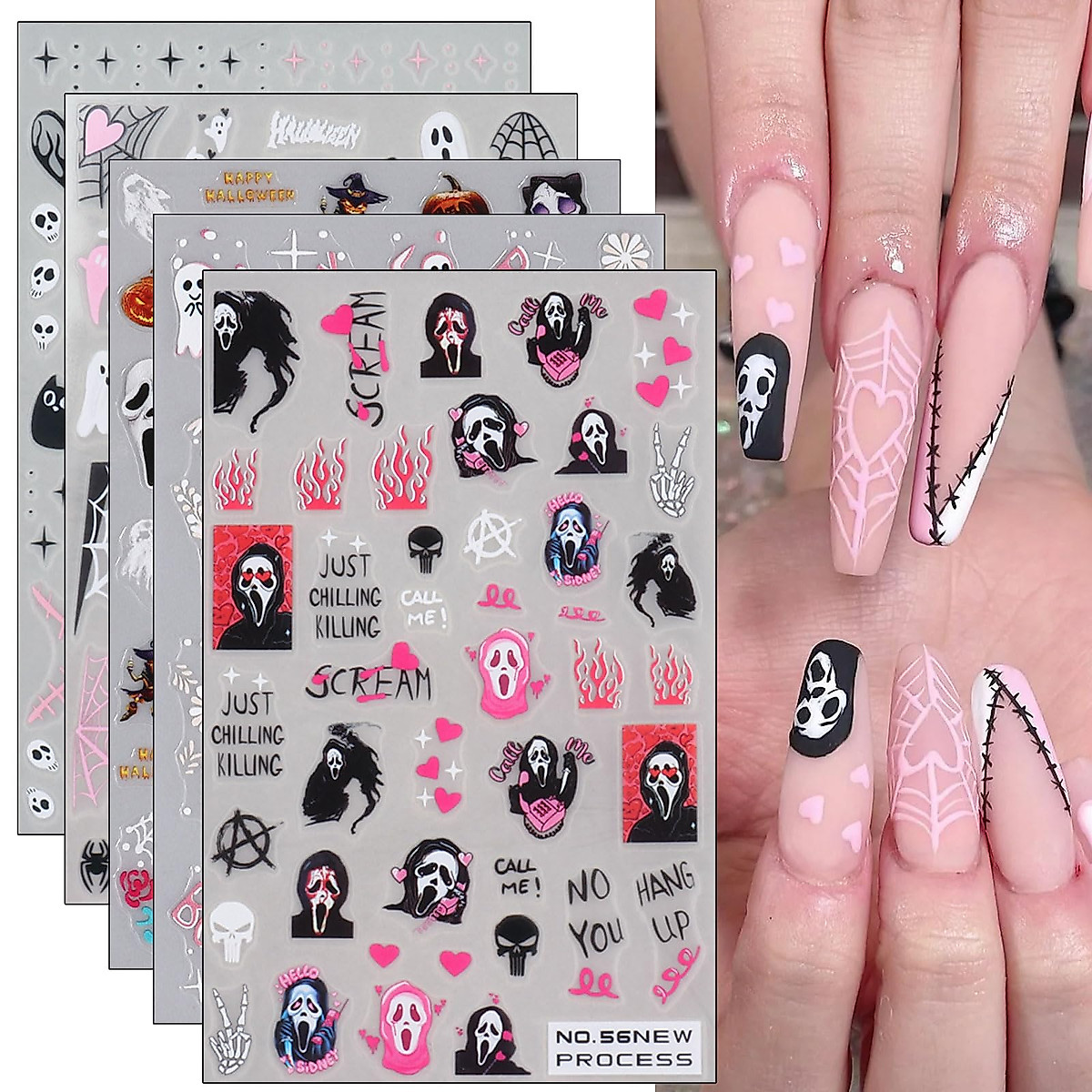 JMEOWIO 6 Sheets Pink Halloween Nail Art Stickers Decals Self-Adhesive Pegatinas Uñas Cute Skull Horror Ghost Witchy Spider Web Bat Spook Nail Supplies Nail Art Design Decoration Accessories