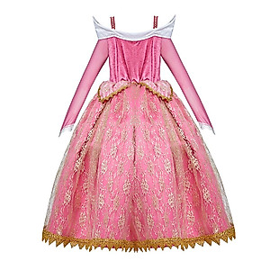 FMYFWY Girls Aurora Princess Dress Embroidered Lace Sleeping Beauty Fancy Dress Up Halloween Christmas Birthday Gown w/Accessories 4-5T