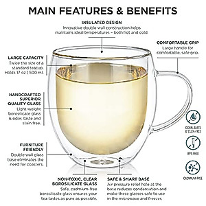 Teabloom Oversized Insulated Borosilicate Glass Mugs (17 oz / 500 ml) – Set Includes 2 Mugs + 2 Blooming Teas – Premium Quality Microwave Safe Glasses