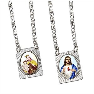 Scapulars Catholic I Sacred Heart of Jesus & Our Lady of Mount Carmel Medals I Stainless Steel Scapular Necklace for Women & Men - 14 Inch I Catholic Religious Necklace - Colored Icons