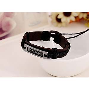 MORE FUN Vintage Mens Womens Coffee Leather Bangle Black Braided Rope Adjustable Wrap Bracelet (Hope)
