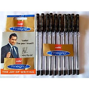 10 X Cello Fine Grip Non-stop Writing Ball Point Pen Black Ink Writing Ballpoint Pen # Brand Ad By Indian Cricketer Mahindera Singh Dhoni