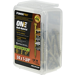 Power Pro Premium One Multi-Material Hex Washer Head Screws, Epoxy Coated Steel, Fasten in Wood, Metal, Concrete, Drywall and Plastic, Bronze, ¼ x 1-¾ inches, Box of 56 Screws