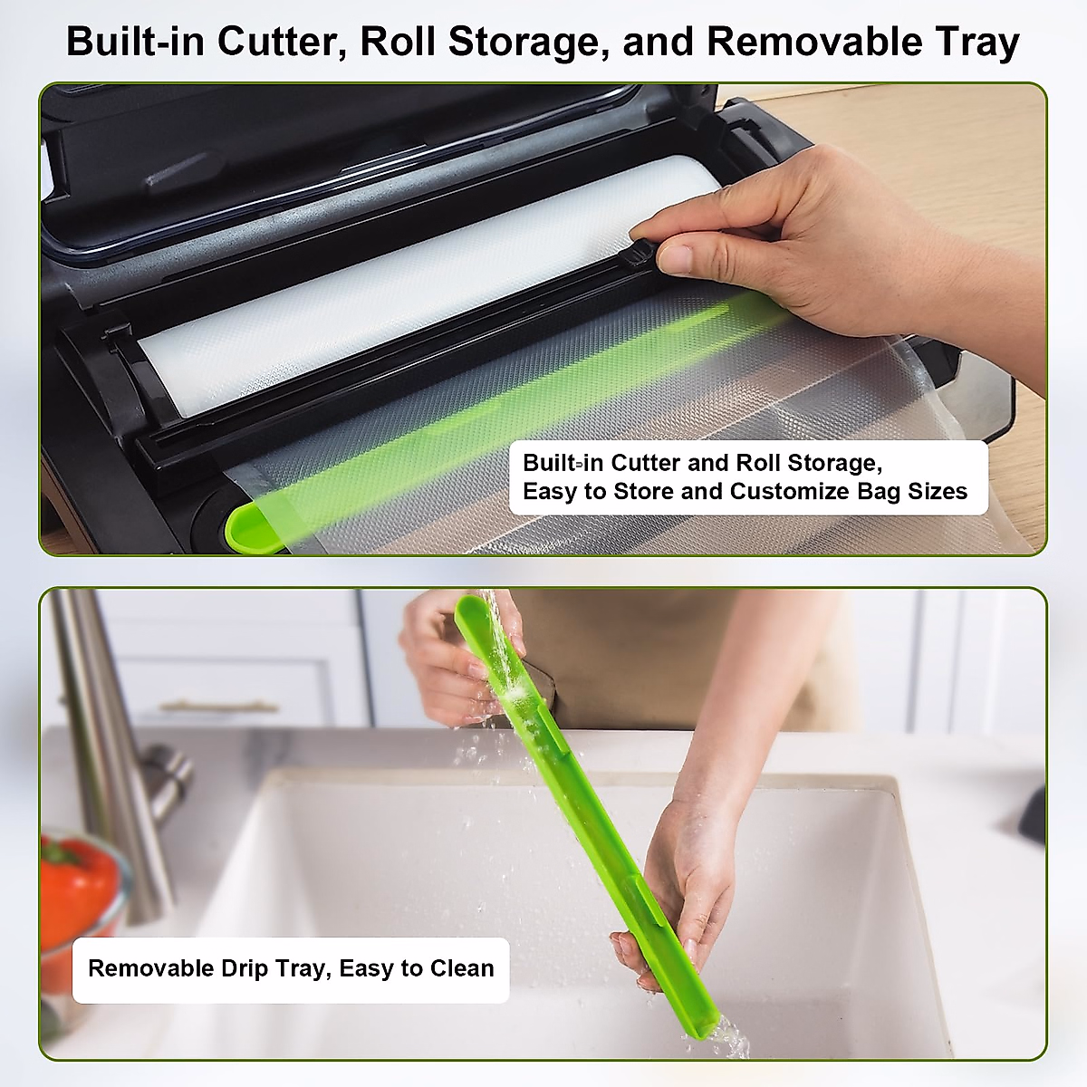 Gasbye Vacuum Sealer Machine, 90kPa Food Sealer with Double Heat Seal for Dry/Moist Food, Easy-lock Handle, Built-in Bag Storage & Cutter, Progress Display, Removable Drip Tray, Silver