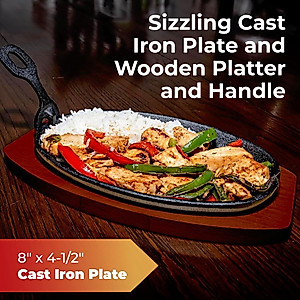Cast Iron Steak or Fajita Plate 8 x 4 1/2 inside dimension w/ Wooden Holder and Handle