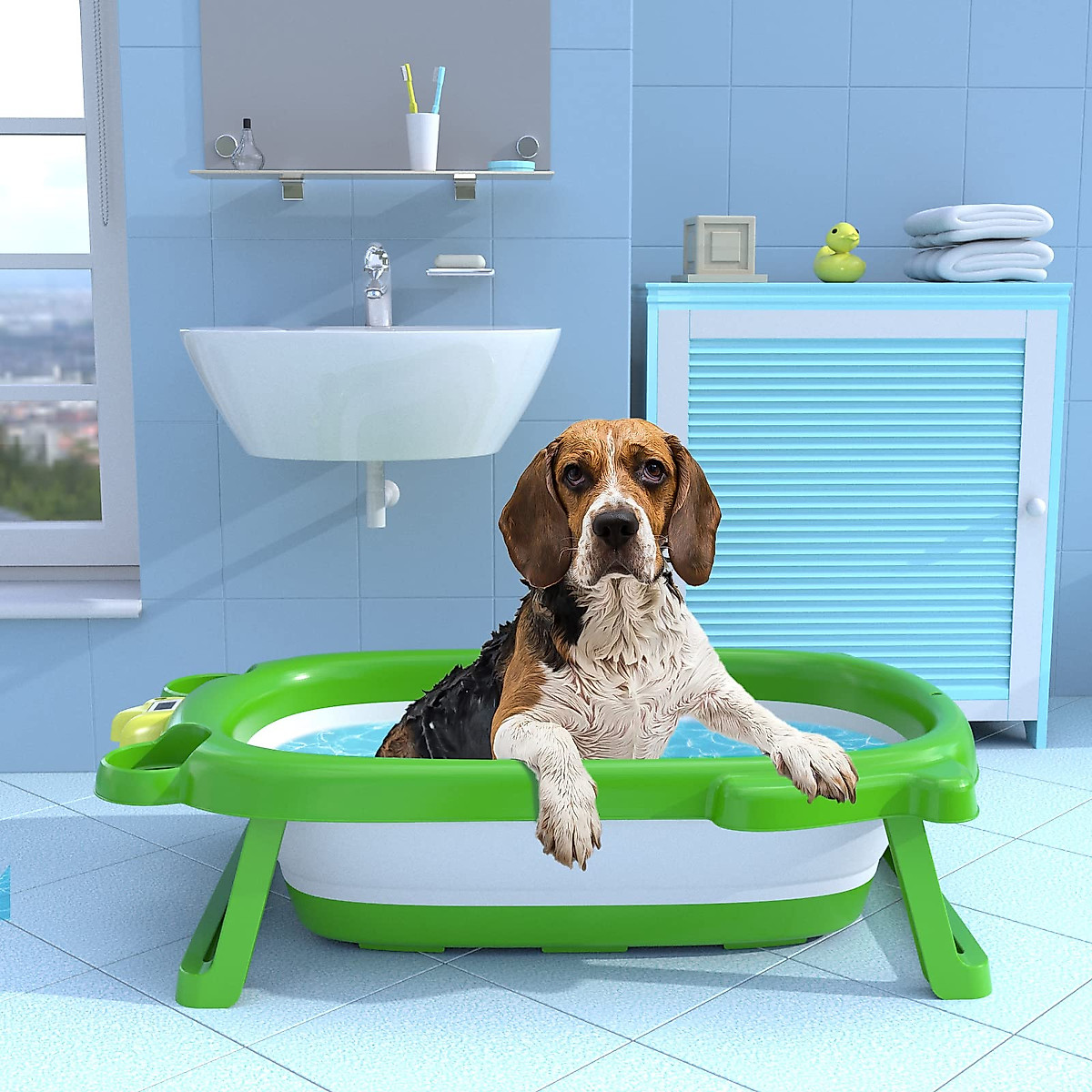 Multipurpose tub-pet tub- Foldable tub- Water Basin- Thermometer Equipped tub- Space Saving tub (Green)