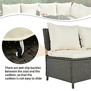 GODAFA 6-Piece Wicker Outdoor Patio Furniture Set-Featuring All-Weather PE Rattan Conversation Sectional Sofa, Dining Table, Chair, and Bench with Cushions for Backyard, Porch, and Poolside, 1, Beige