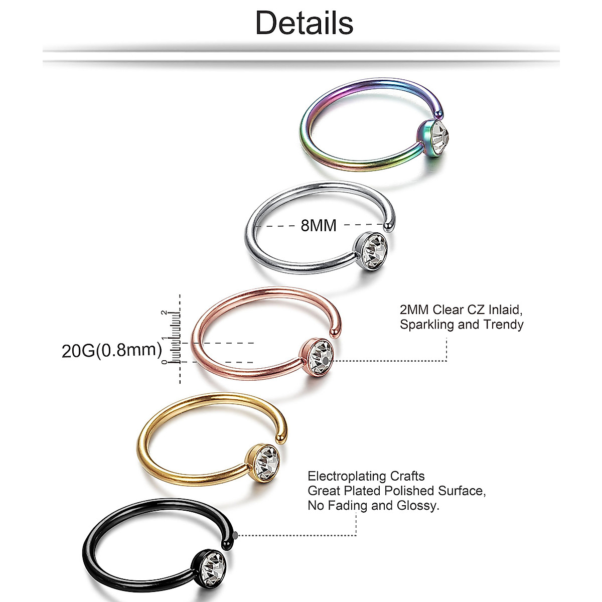 ORAZIO 5-12Pcs 20G Stainless Steel Nose Ring Hoop CZ Body Ear Piercing 5 Mixed Colors