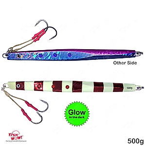 3pcs Glow Fish WOW!® 17.5oz Speed Knife jig 500g Fast Sinking Lure Fishing Vertical Trolling Jigging Fast Fall Metal Flat Bait with Two Assist Hook 3-Color