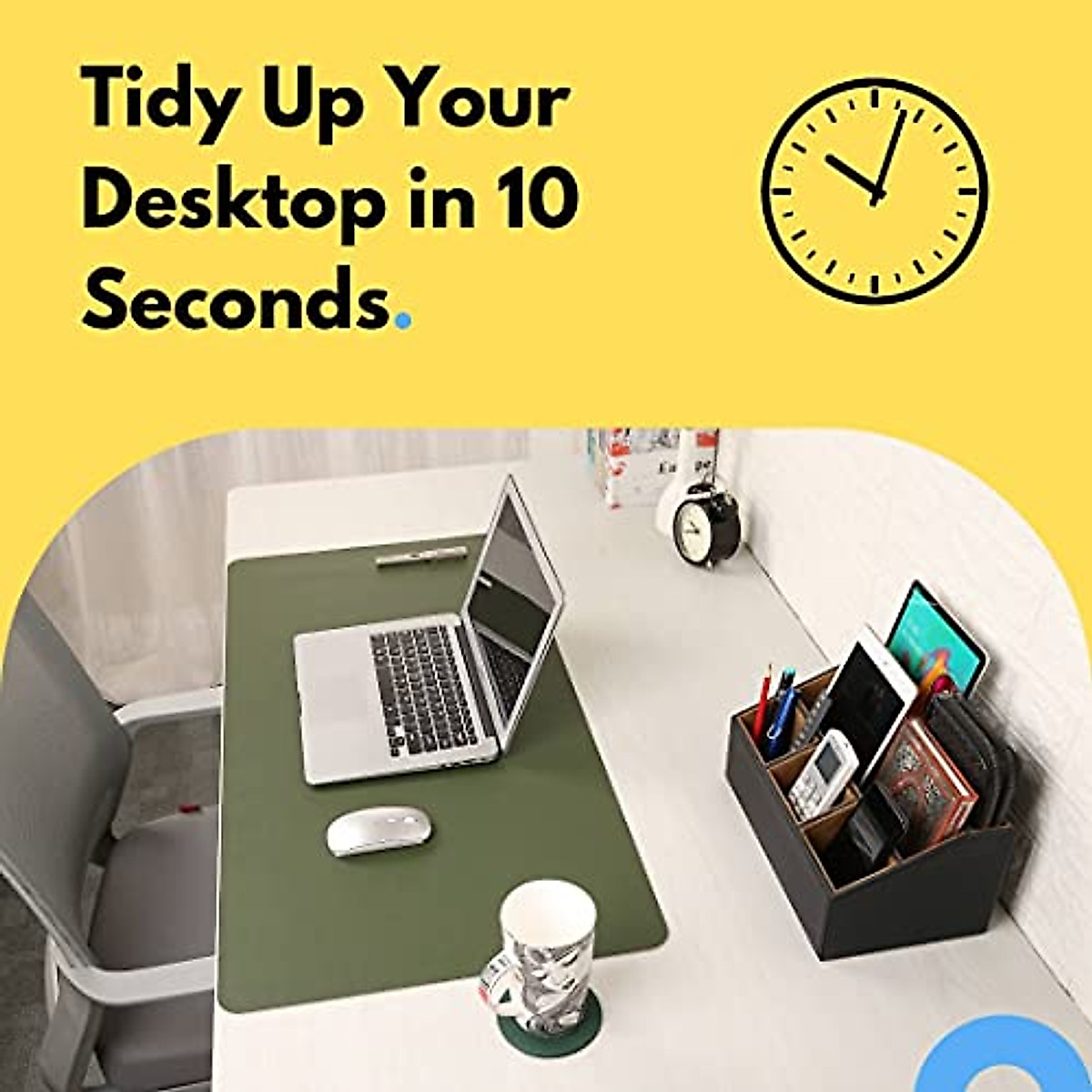 LAMOTI Leather Desk Organizer with a 4" Coaster, Large Capacity 5 Compartments Desktop Unifier, Handcrafted (Black)