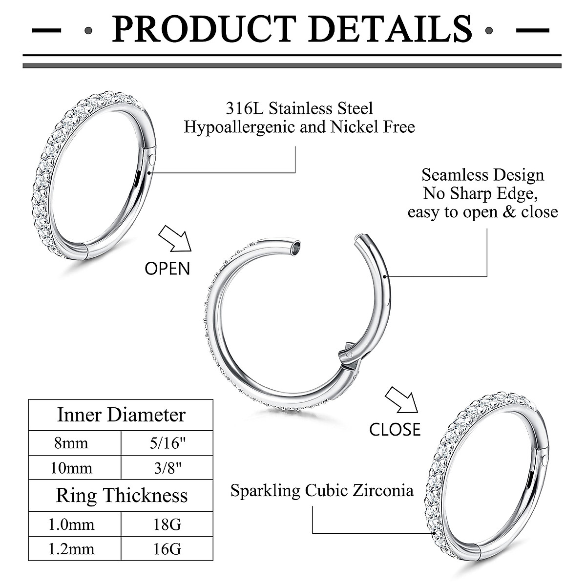 Jstyle 5Pcs 16G Surgical Steel Nose Rings Hoop for Women Opal CZ Clicker Hinged Septum Nose Ring Lip Helix Cartilage Hoop Earring Daith Rook Conch Nose Piercing Jewelry for Women 8mm 18G