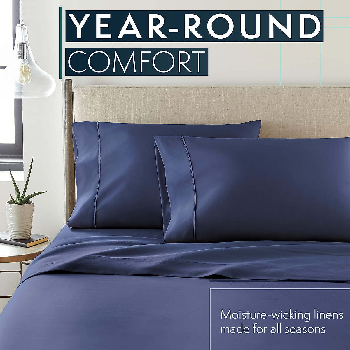 HC COLLECTION Bed Sheets Set California King with 2 Pillowcases Hotel Luxury Brushed Microfiber Sheet w/Deep Pocket, Fade Resistant Ultra Soft Breathable Lightweight 4 Pcs Bedding Solid Color, Navy