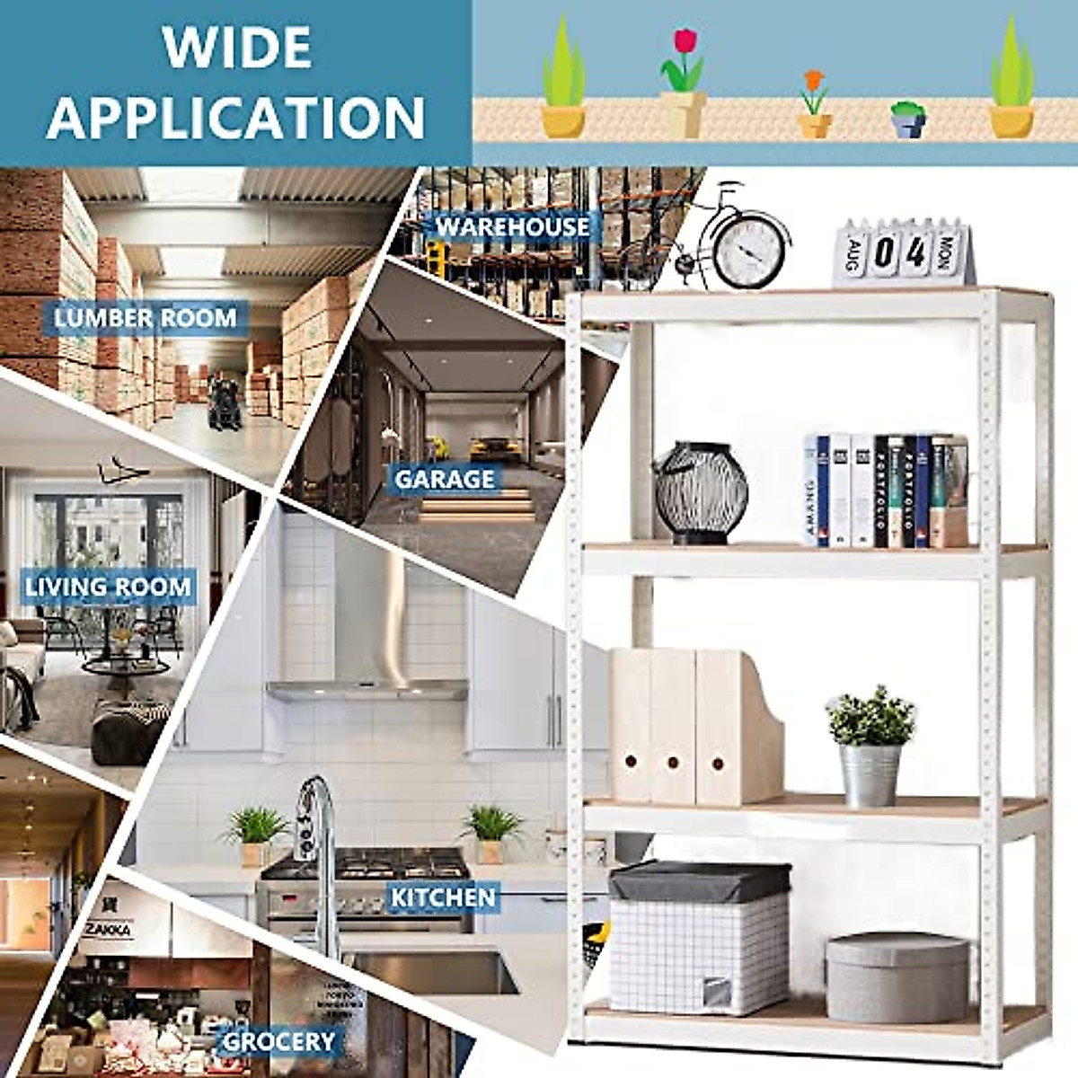 Storage Shelves - 4 Tier Adjustable Garage Storage Shelving, Heavy Duty Metal Storage Utility Rack Shelf Unit for Warehouse Pantry Closet Kitchen, 23.6" x 15.7" x 47.2", White