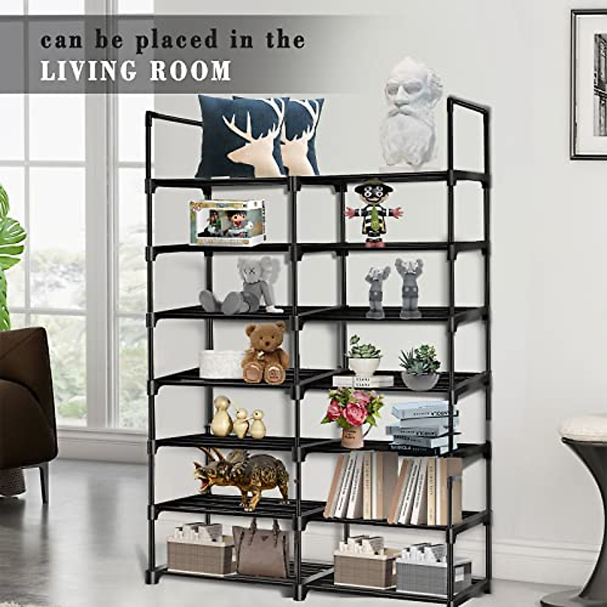 7-Tier Shoe Rack Storage Organizer for Closet, 28 Pairs Shoes and Boots Shelf Organizer, Durable Metal Pipes and Plastic Connectors Shoe Shelf Organizer for Entryway, Hallway, Living Room, Black
