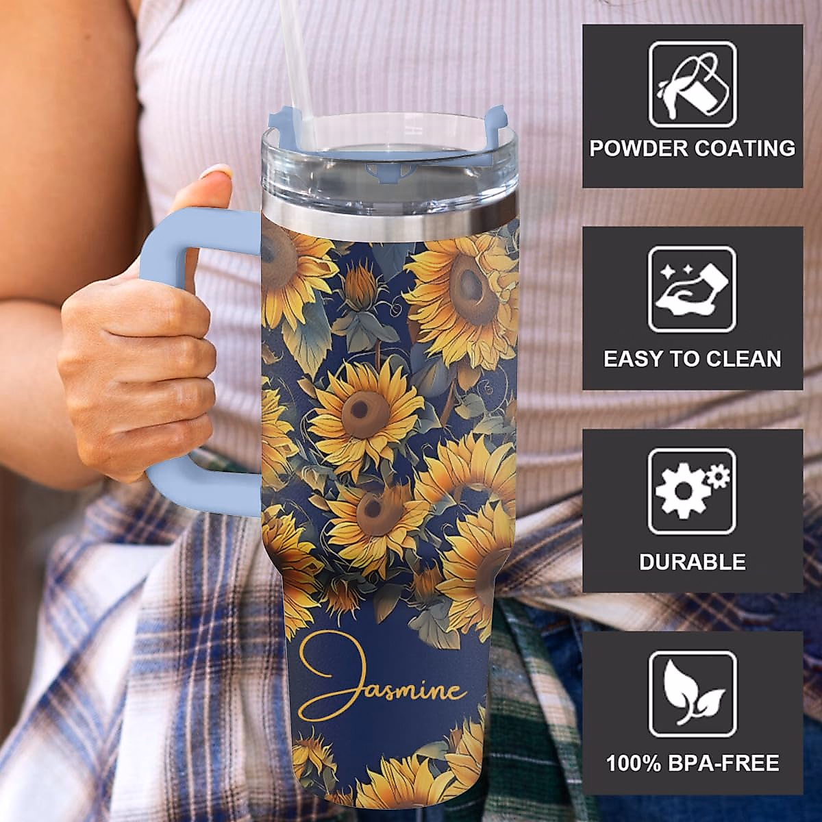 Catygift - Sunflower Style - Personalized Customized 40oz Tumbler - Camping Gift For Him, Her 40oz Tumbler With Handle Gift Ideas Handle Can Change Color