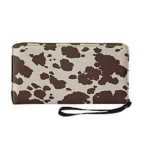 Wanyint Brown Cow Wallets for Women Animal Fur Pattern Zipper Long Purse with Removable Wristlet, RFID Blocking Wallet