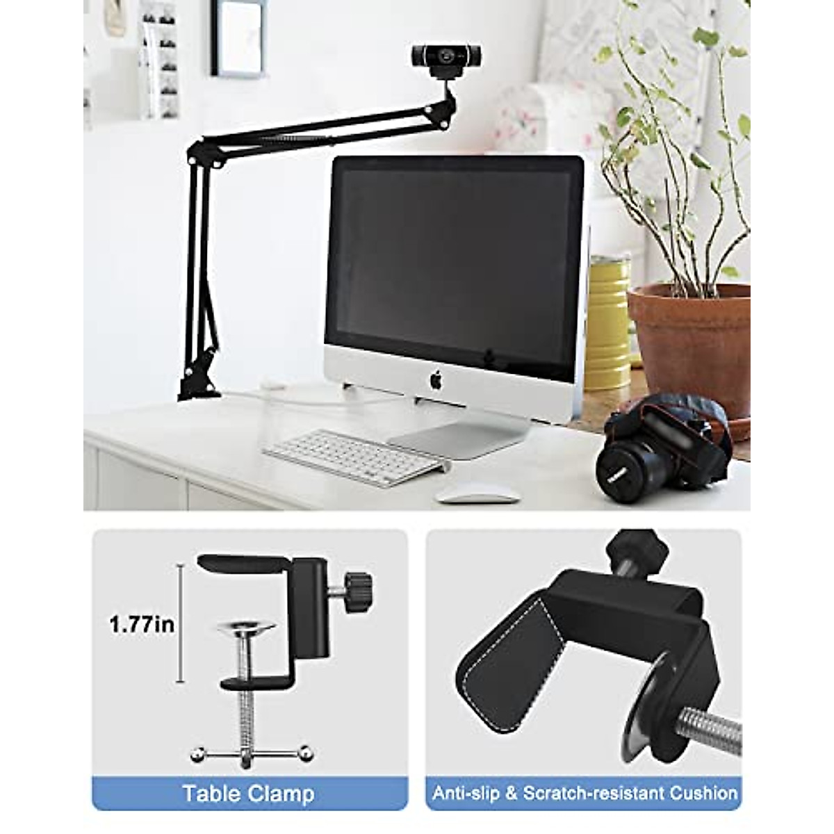 Boseen Webcam Stand Desk Mount - Suspension Boom Scissor Arm Webcam Holder with Desk Clamp Mount for Logitech Webcam C920 C922 C922x C920S C930e C930 C615 Brio 4K and Other Devices with 1/4" Thread