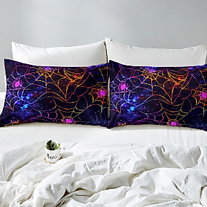 Spider Twin Size Duvet Cover,Glitter Spider Web Halloween Mystic Duvet Cover for Kids Teens All Season,Neon Blue Purple Starry Galaxy Bedding Set,Purple Blue Black Room Decor,No Comforter