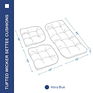 YOOZEKU Outdoor/Indoor All Weather Tufted Wicker Chair Cushions of 3 Pieces, 1 Loveseat and 2 U-Shape Waterproof Cushions for Patio Furniture,Wicker Loveseat,Bench-Navy Blue