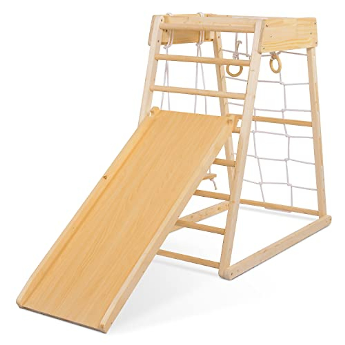 Climber,Indoor Playground Wood Playset 7-in-1 with Jungle Gym, Ramp, Slide, Swing, Swedish Ladder, Pine Wood, Rock Wall Dome for Kids Ages 1+