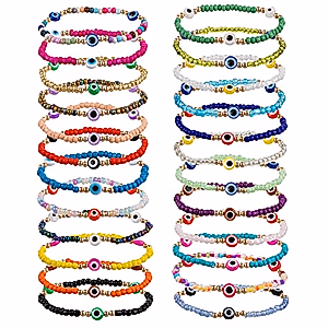 24 Pcs Beaded Evil Luck Eye Bracelets- Elastic Handmade Protection Bracelet Durable Mexican Bracelets Delicate Mal De Ojo Bracelets Evil Luck Eye Jewelry for Women Men Lucky Gift (Random Color)