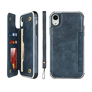 iCoverCase iPhone XR Wallet Case, iPhone XR Case with Card Slots Holder and Wrist Strap PU Leather Kickstand Double Magnetic Clasp Shockproof Cover Case for iPhone XR 6.1 Inch (Blue)