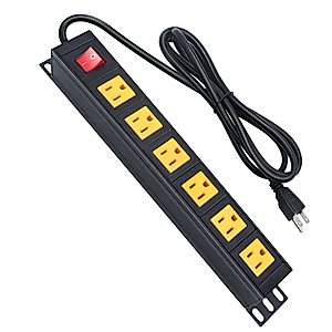 6 Outlet Metal Power Strip, Heavy Duty Wide Spaced Power Strip, Wall Mount Power Strip for Home Office Garage Workbench, 6FT Extension Cord, Yellow