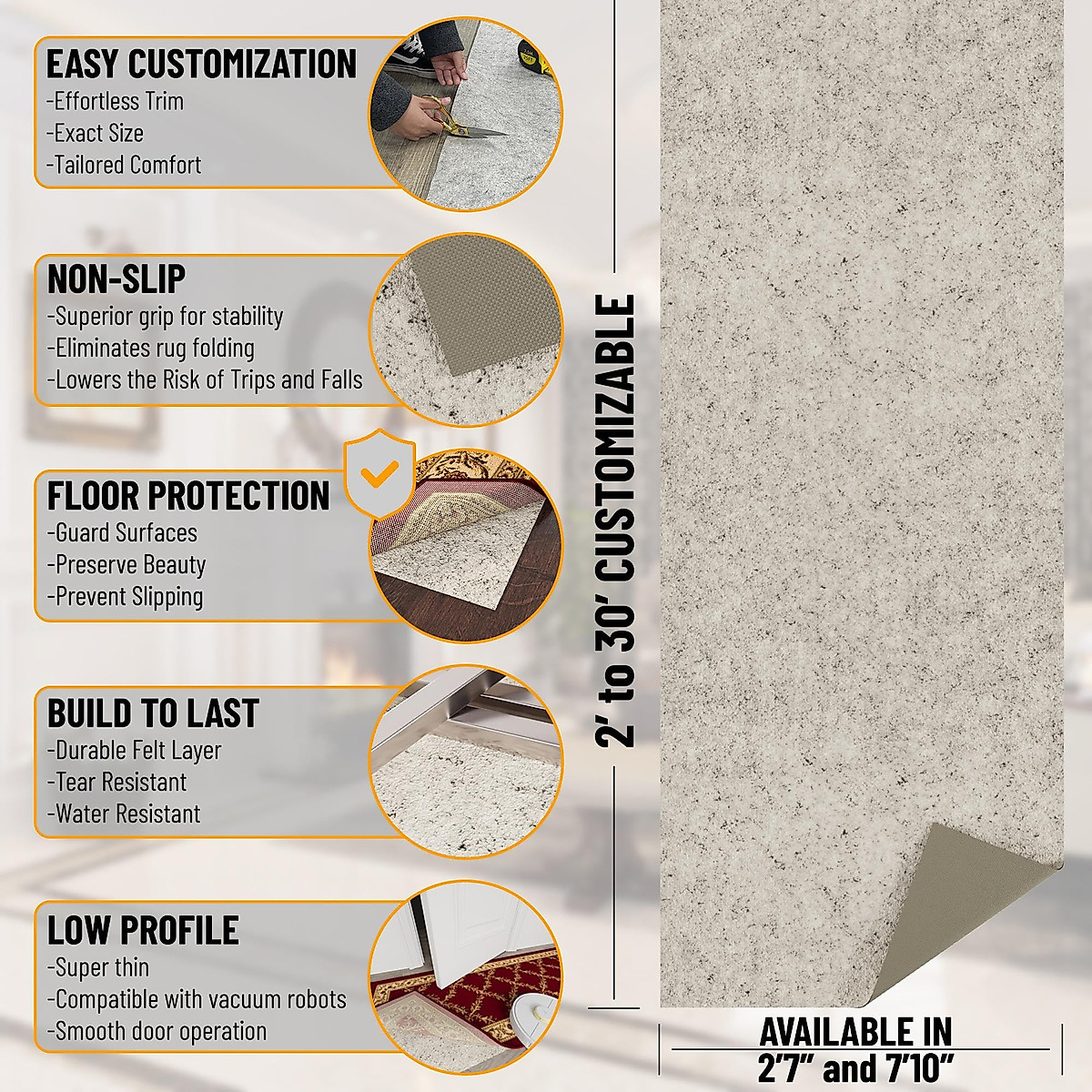 Ottomanson Non Slip Rug Pad Grip 3X10 1/8 Thick, Protection for Any Flooring Surface, Keep your Runner Rug and Area Rugs in place, 2'6'' x 9'11", Beige