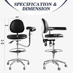 LIMKOMES Medical Dental Assistant Chair with Rotatable Armrest Rolling Medical Chair Ergonomic Swivel Seating Back Support Dentist Stool for Clinics, Dental Offices, Labs-Black