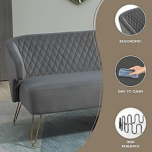 QQU Modern Velvet Loveseat Sofa, Comfy Upholstered Seat Couch with Metal Legs, 2-Seater Accent Sofa Chair, Living Room Sofa with Tufted Backrest, Grey