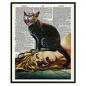 Cat Horror Movie Wall Art & Decor - Black Cat Decorations - Cat Themed Picture Prints - Creepy Gothic Goth Scary Movie Poster - Cat Lover Gifts for Women, Men - Funny Cat Lady Home Decor 8x10