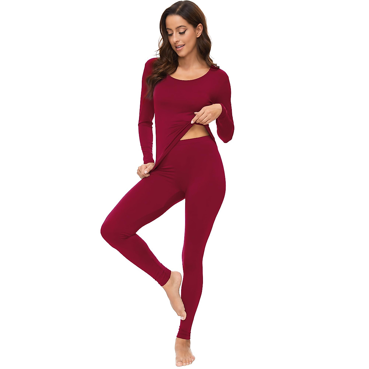 WiWi Soft Viscose from Bamboo Underwear for Women Thermal Long Johns Sets Super Warm Base Layer Top Pants Pajamas Set S-3X, Wine Red, Medium