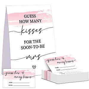 Pink Swash Bridal Shower Game, Guess How Many Kisses For The Soon To Be Mrs, Pack of 1 Sign and 50 Guessing Cards, Modern Bridal Shower Decorations, Wedding Shower Supplies - 05