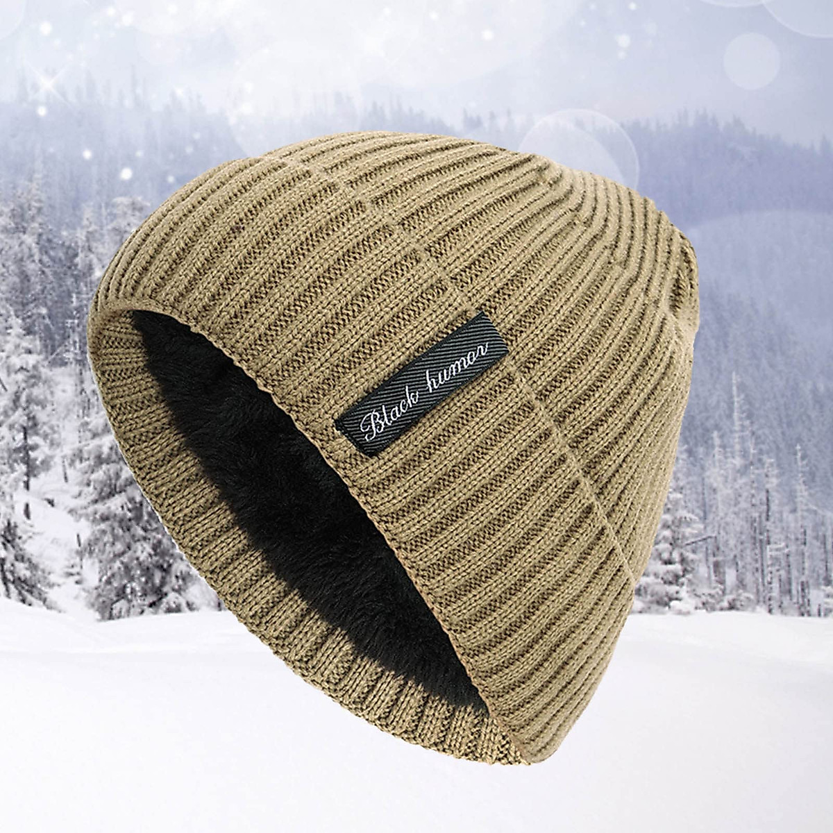 Men Women Beanie Hat Winter Warm Plain Skull Cap Thick Knit Cap Fleece Lined Beanies (Khaki_A)