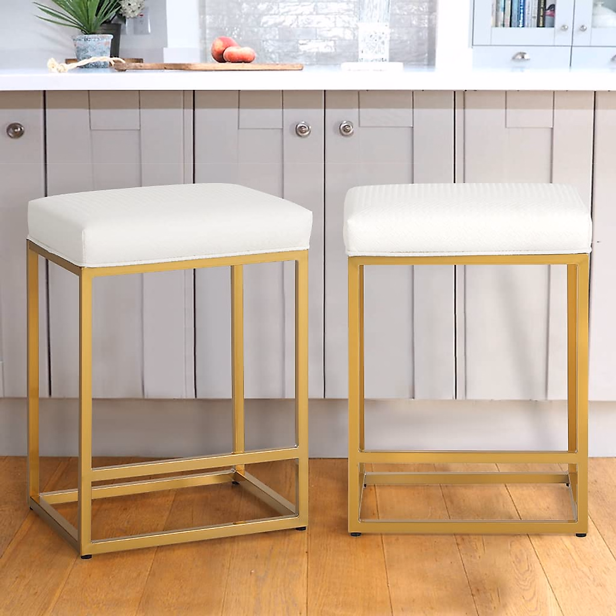 Erste!Bravo White Gold Counter Height Stools Set of 2 Bar Stools for Kitchen Counter 24 Inch Backless Modern Chic Barstools Upholstered Faux Leather Cream Stools Farmhouse Island Chairs, White Gold