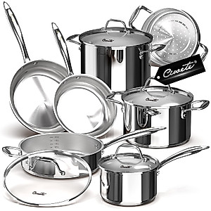 Ciwete Tri-Ply Stainless Steel Pots and Pans Set 11-PC, 18/10 Stainless Steel Induction Cookware Set with Steamer Insert, Kitchen Cookware Sets with Stay Cool Ergonomic Handles, Dishwasher, Oven Safe
