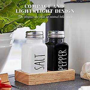 Salt and Pepper Shakers Set with Holder - Dopeca Glass Salt Shaker with Wood Caddy for Kitchen Counter or Table - Black and White Kitchen Decor and Wedding Gifts -2.7 oz