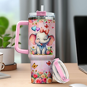 99WHALE Elephant Gifts, Tumbler 40 Oz With Handle Lid And Straw, Elephant Floral, Insulated Simple Stainless Primrose Coffee Parade Flower Red Heart Quartz Yellow Steel Camelia