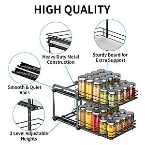 RCHYFEED Spice Rack Organizer for Cabinet, 2 Tier Pull Out Spice Racks for Inside Cabinets & Pantry Closet, Height Adjustable Heavy Duty Metal Basket for Seasoning Organizer, Vertical Spice Shelf