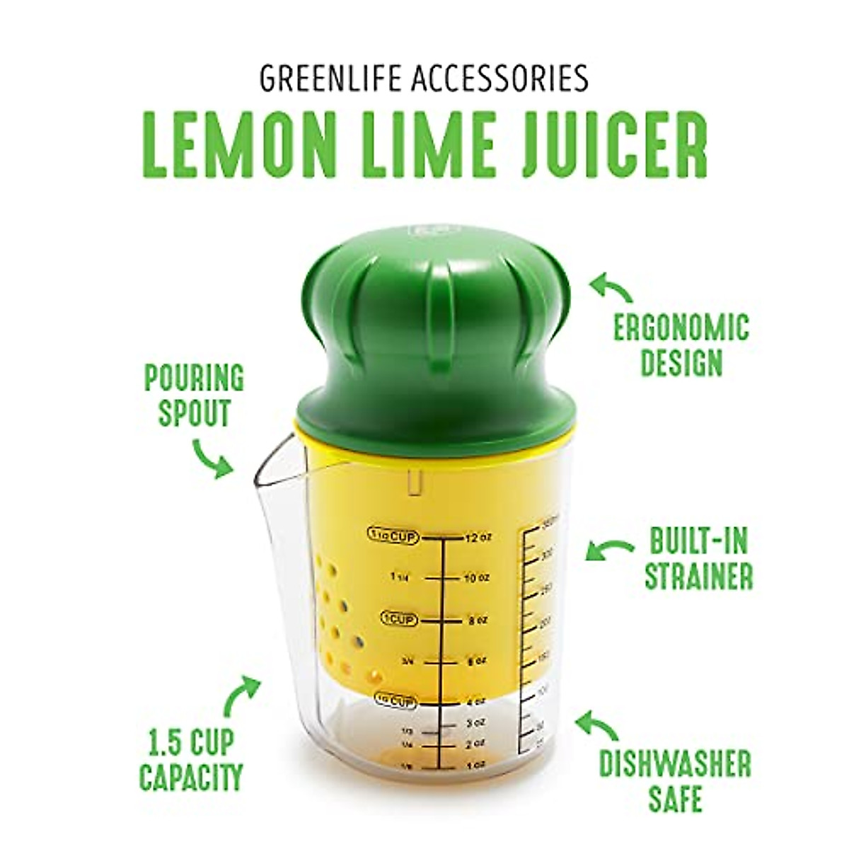 GreenLife Cooking Tools and Utensils, Lemon and Lime Juicer Citrus Squeezer with built in strainer, Easy Read Measurements, Pouring Spout, Dishwasher Safe, Green and Yellow