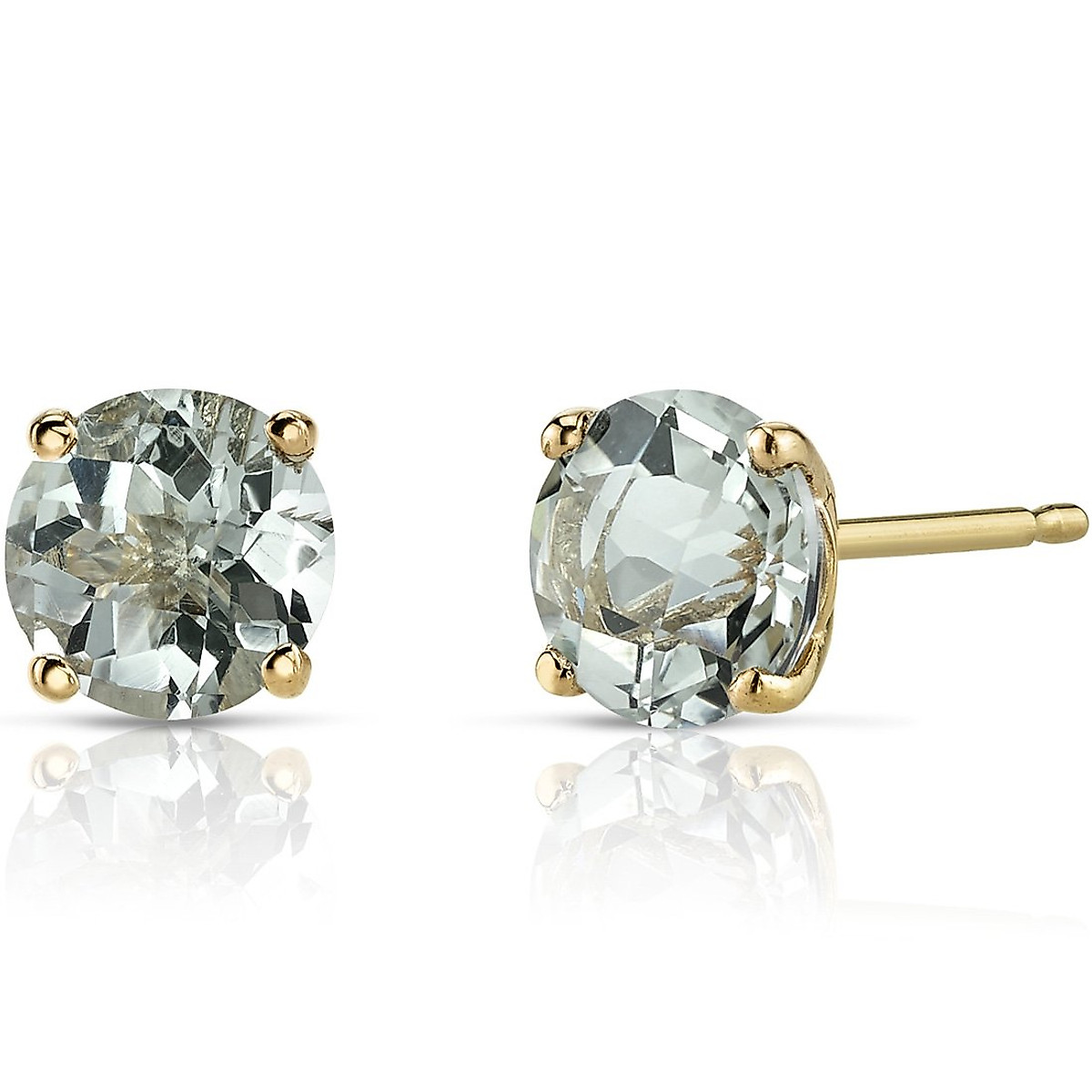 Peora 14K Yellow Gold Green Amethyst Stud Earrings for Women, Genuine Gemstone Birthstone, Round Shape, 6mm, 1.50 Carats total, Friction Back