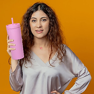 Ezhydrate SKINNY TUMBLERS (1 Pack)- LIGHT PINK- Matte Pastel Colored Acrylic Single Tumbler with Lid and Straw | 16oz Double Wall Reusable Plastic Tumbler w Straw Cleaner INCLUDED