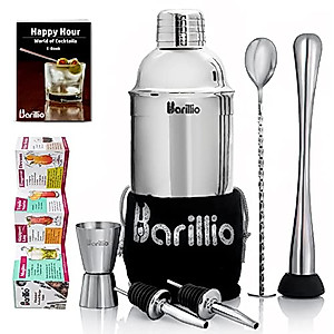 barillio Elite Cocktail Shaker Set Bartender Kit 24 oz Stainless Steel Martini Mixer, Muddler, Mixing Spoon, Jigger, 2 Liquor pourers, Velvet Bag, Recipes Booklet & eBook