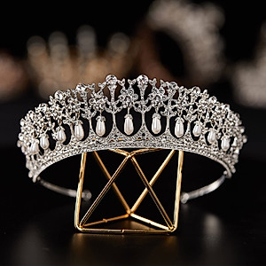 SWEETV Princess Diana Tiara for Women, Silver Pearl Wedding Crown for Bride, Rhinestone Costume Accessories for Birthday Party Prom