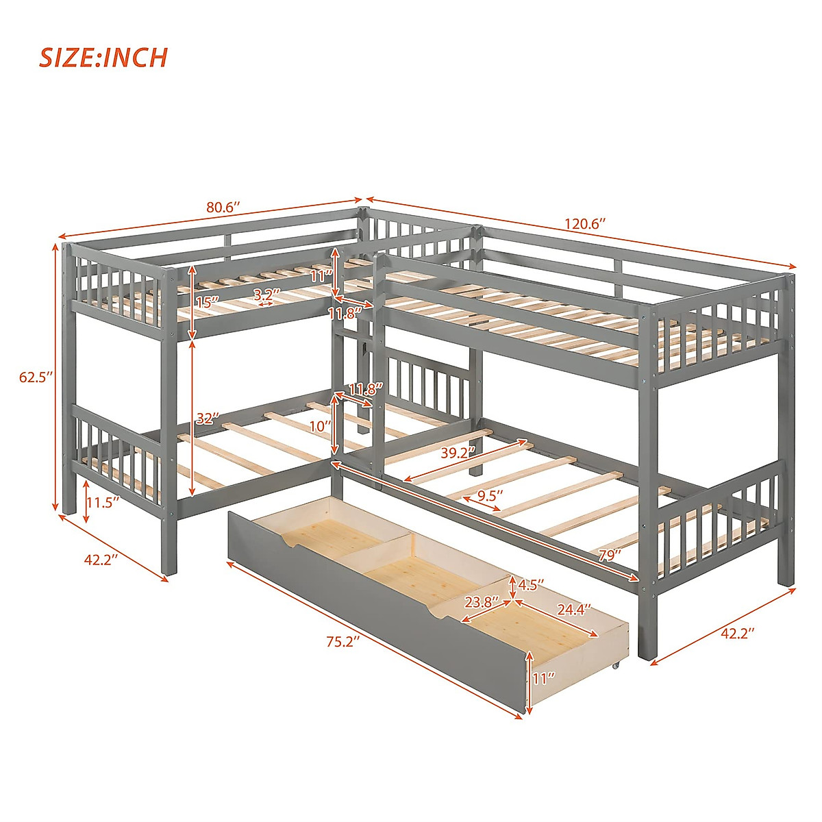 L-Shaped Bunk Bed with Drawers, Bunk Bed for 4 Twin Over Twin for Boys Girls Kids Teen Wood Quad Bunk Beds Frame, Gray