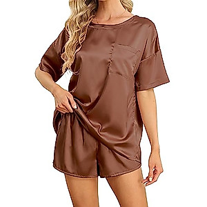 BEKOFO Silk Satin Pajama Sets Pj Satin Set Silk Pj for Women Set Satin Pajamas Shorts Pj Shorts and Silk Tshirt Summer Lounge Satin Set Brown Large