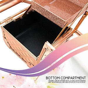 Ver Beauty Makeup Box Cosmetic Train Case with Clear Armored Acrylic Jewelry Organizer with 2 Tiers Trays and Mirror Lockable Portable Travel Cosmetic Display Aluminum Case (Rose Gold Diamond)